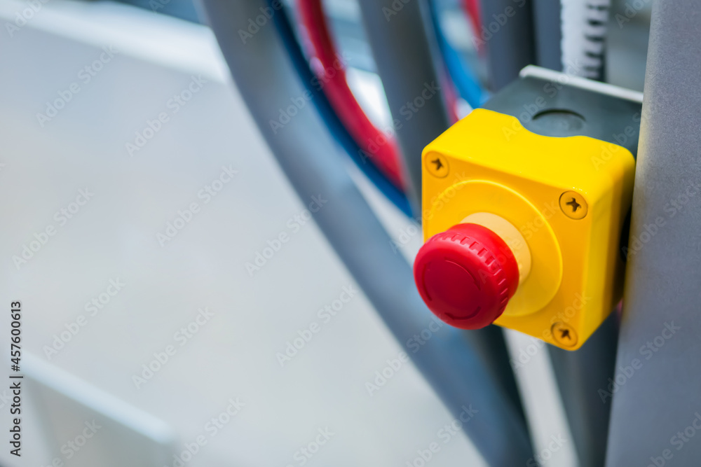 Machine control panel with power red switch button - emergency stop at ...