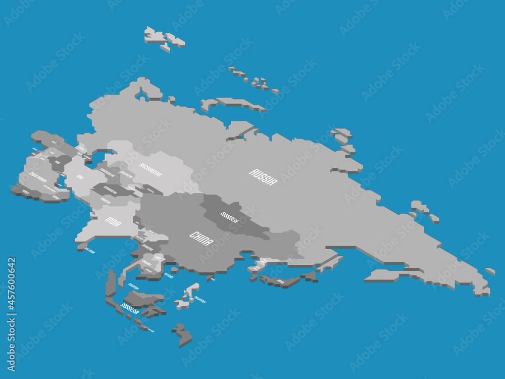 Isometric political map of Asia. Grey land with country name labels on ...