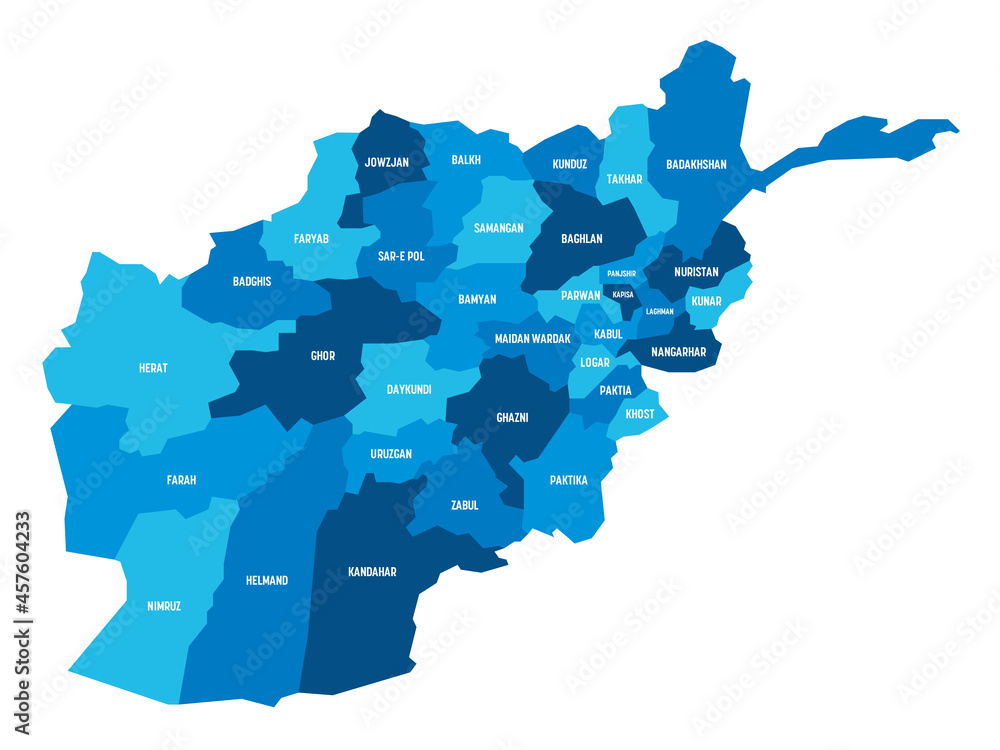 Blue political map of Afghanistan. Administrative divisions - provinces ...