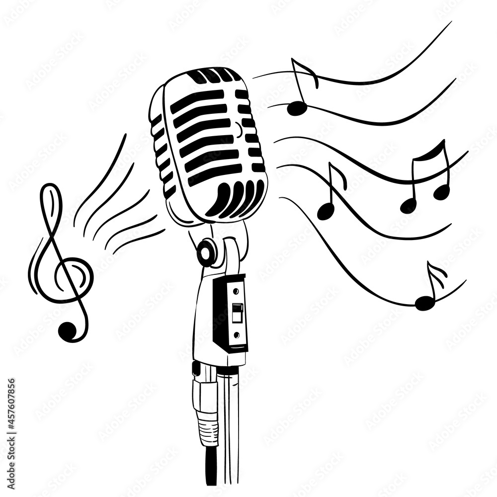 Musical notes with a microphone. Treble clef, sheet music and sheet ...
