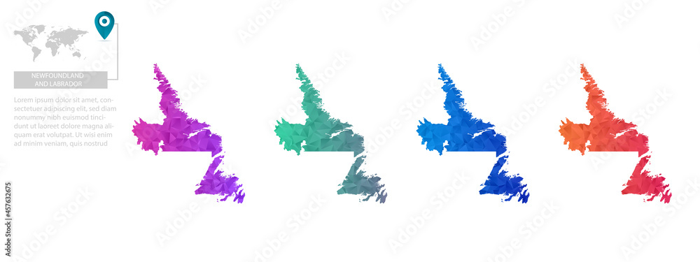 Set of vector polygonal Newfoundland and Labrador maps. Bright gradient ...