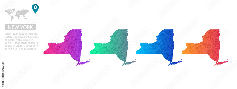 Set of vector polygonal New York maps. Bright gradient map of country ...