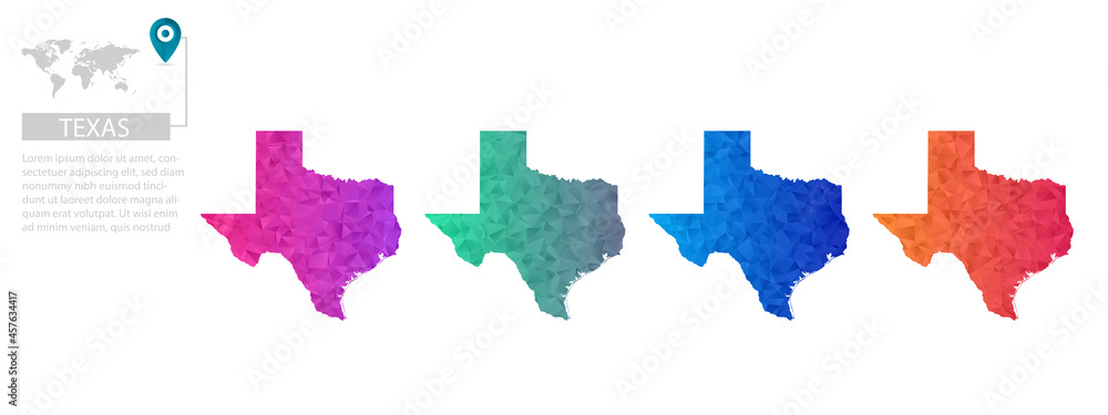 Set of vector polygonal Texas maps. Bright gradient map of country in ...