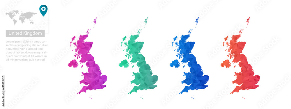 Set of vector polygonal United Kingdom maps. Bright gradient map of ...