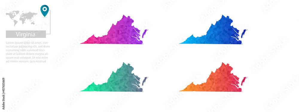 Set of vector polygonal Virginia maps. Bright gradient map of country ...