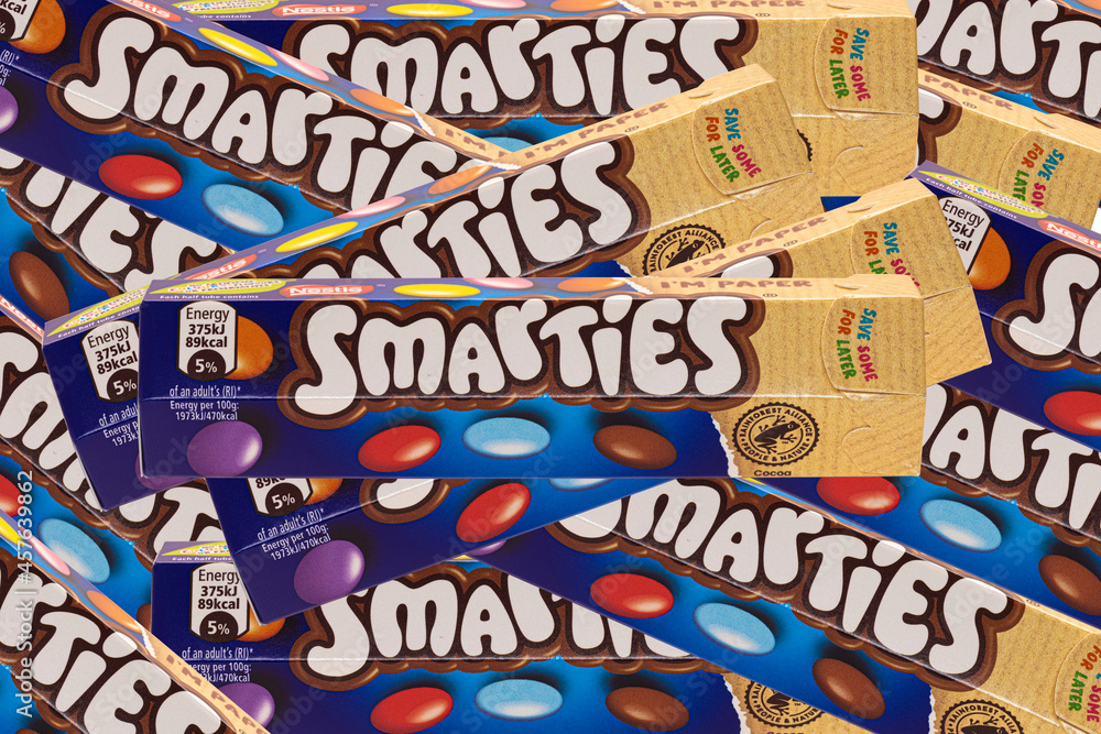 Tubes of Smarties in the new 100% recyclable paper packaging Stock ...