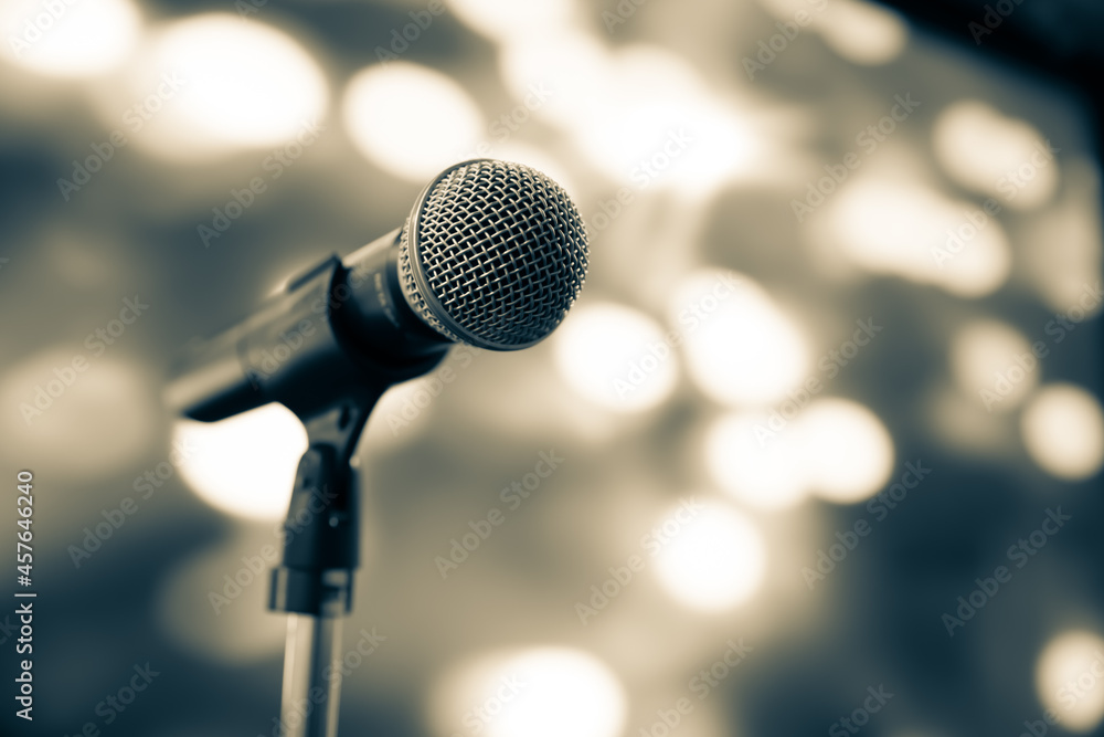 Microphone Public speaking background, Close-up the microphone on stand ...