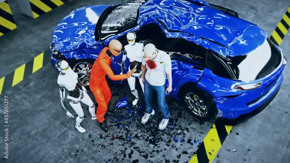 Robot crash test dummy and man. Future concept. Realistic 4k animation ...
