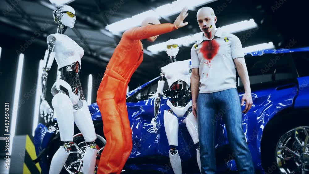Robot crash test dummy and man. Future concept. Realistic 4k animation ...