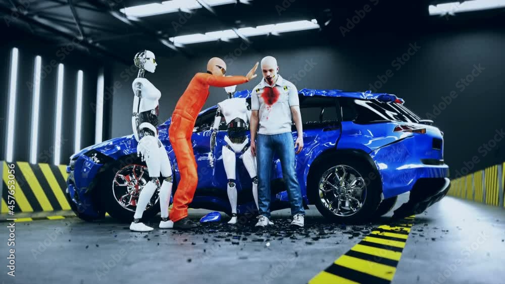 Robot crash test dummy and man. Future concept. Realistic 4k animation ...