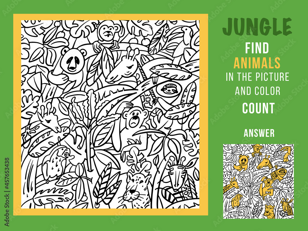 Find jungle animals, color and count. Games for children. Hidden ...