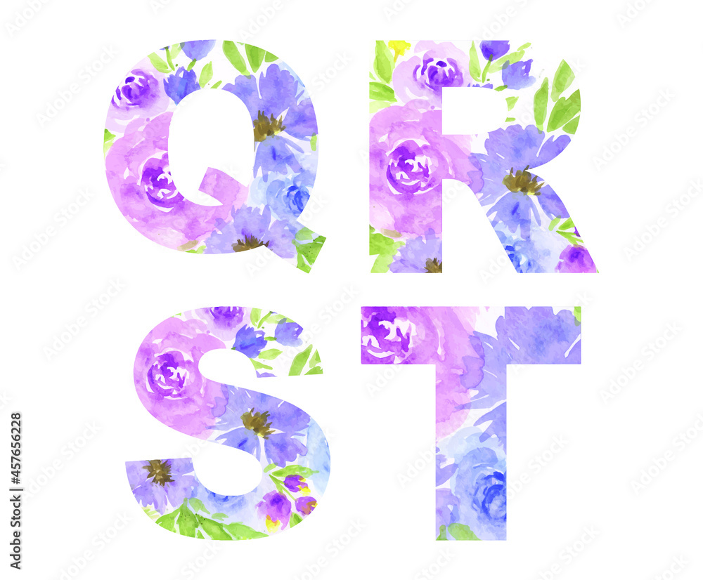 Capital English letters set,Letter QRST. Vector watercolor alphabet ...