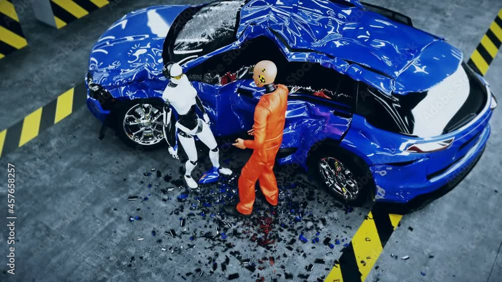 Robot crash test dummy and female robot. Future concept. Realistic 4k ...