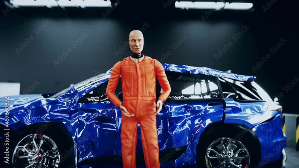 Robot crash test dummy speaking near car crash test. Future concept ...