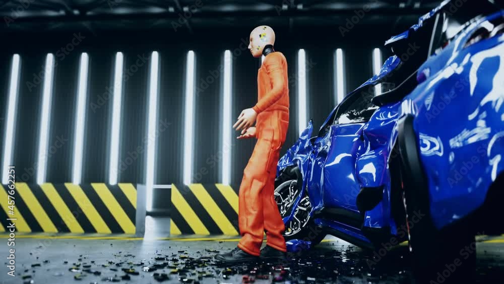 Robot crash test dummy speaking near car crash test. Future concept ...