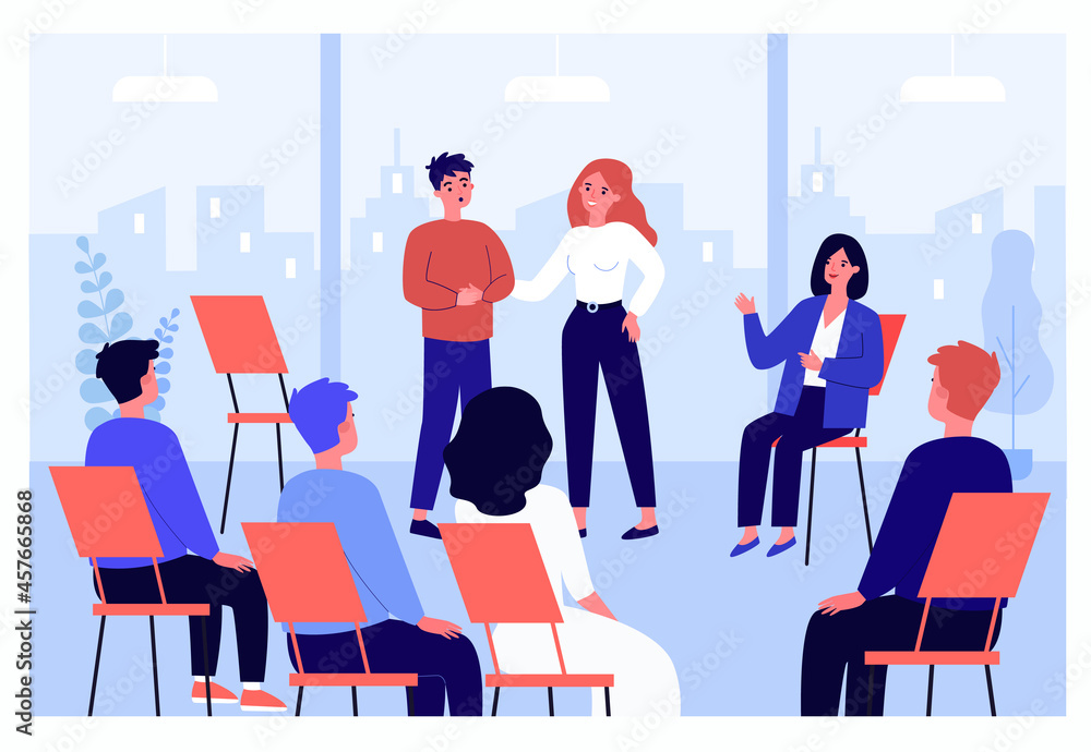 Cartoon man sharing problems in group therapy. People sitting in circle ...
