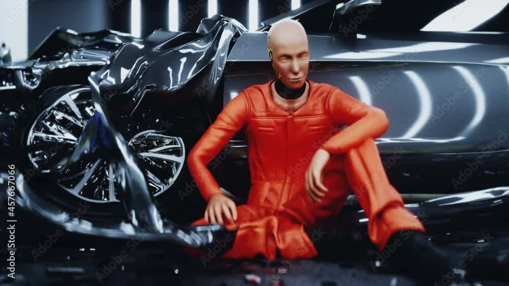 Robot crash test dummy sitting near destroyed car crash test. Future ...