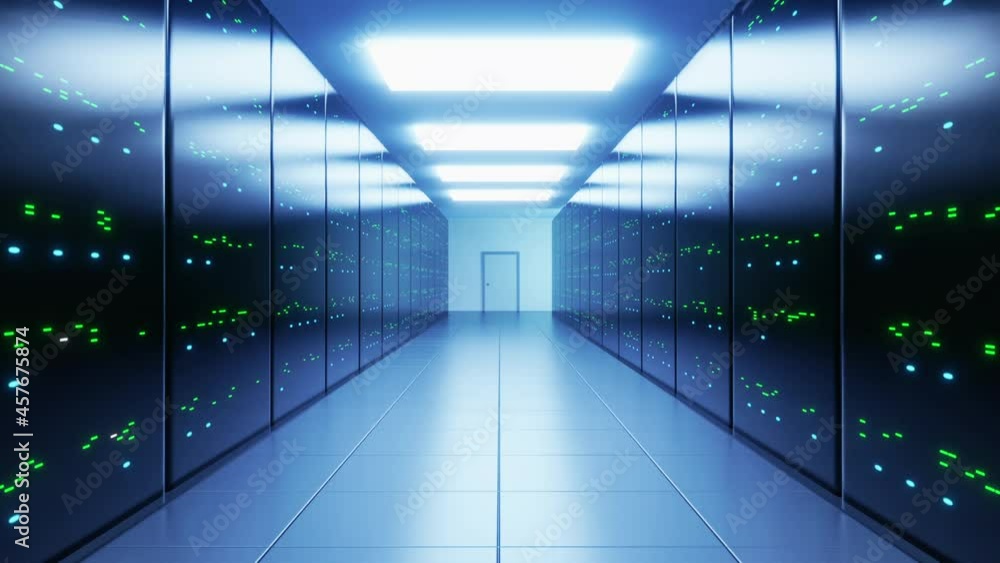 Network and data servers behind glass panels in a Server Room of a Data ...