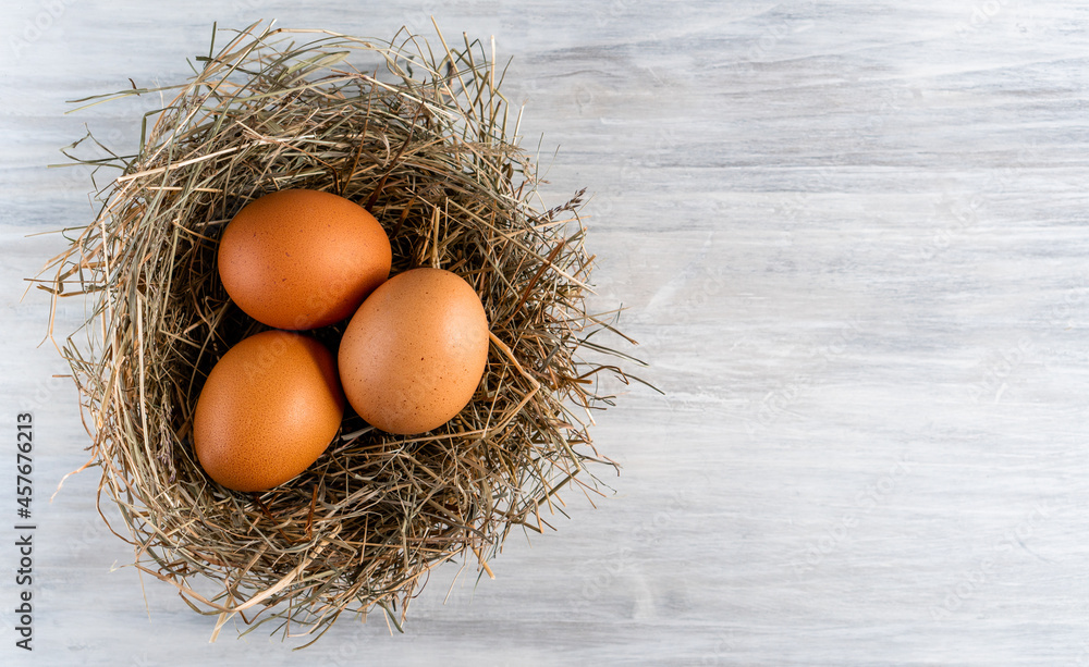 Closeup raw white brown organic fresh eggs shell with yolk from happy ...