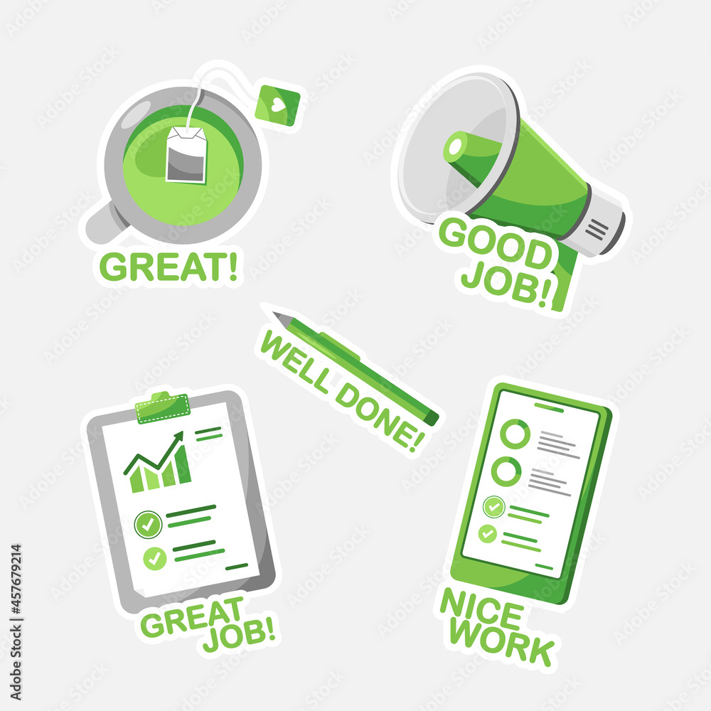 Cartoon good job and great job sticker set. Organic flat design. Green ...