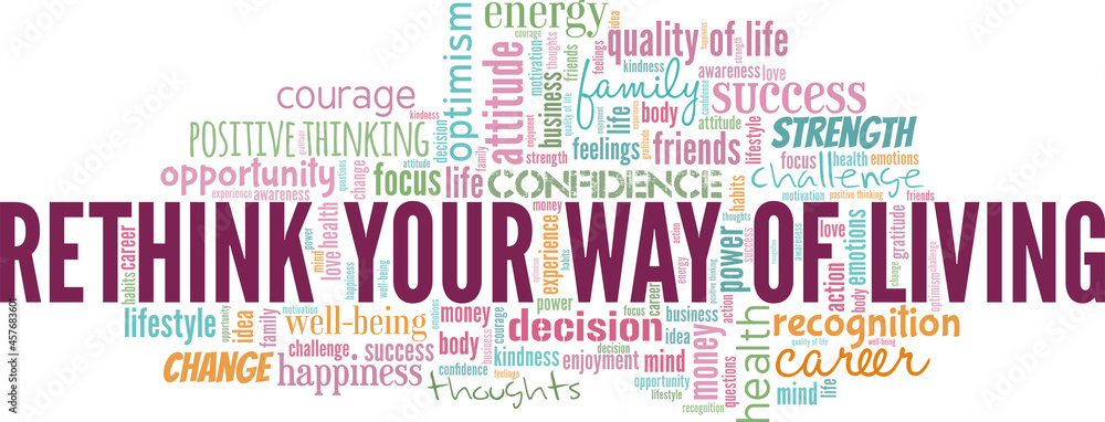 Rethink your way of living vector illustration word cloud isolated on a ...