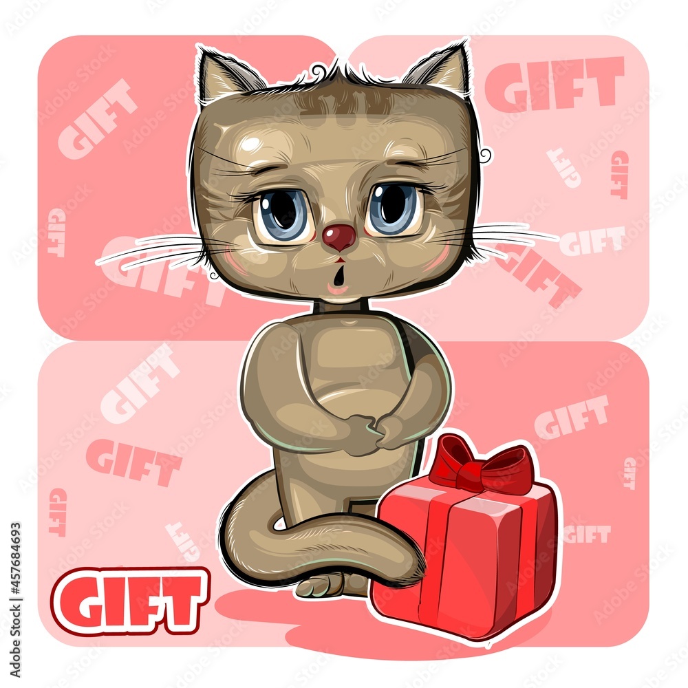 Little baby Cat received gift. Red box with ribbon and bow. He is ...