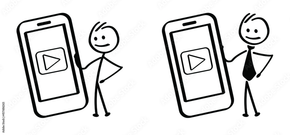 Phone with audio video logo. Stickman figure and play button icon ...