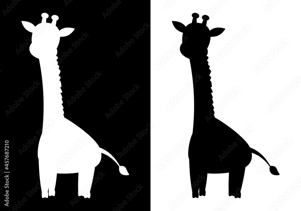 Giraffe in profile with shadow shape of a color in black and white ...