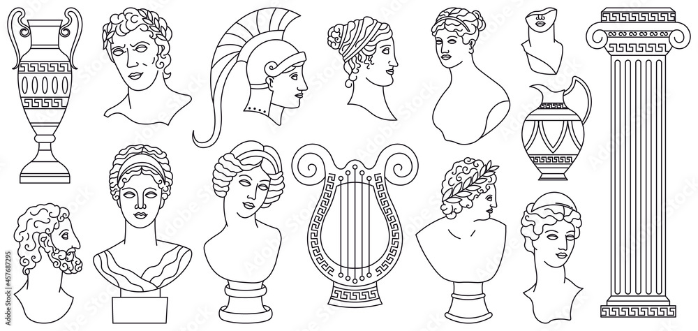 Antique ancient greece heads, sculptures, architectural elements. Greek ...