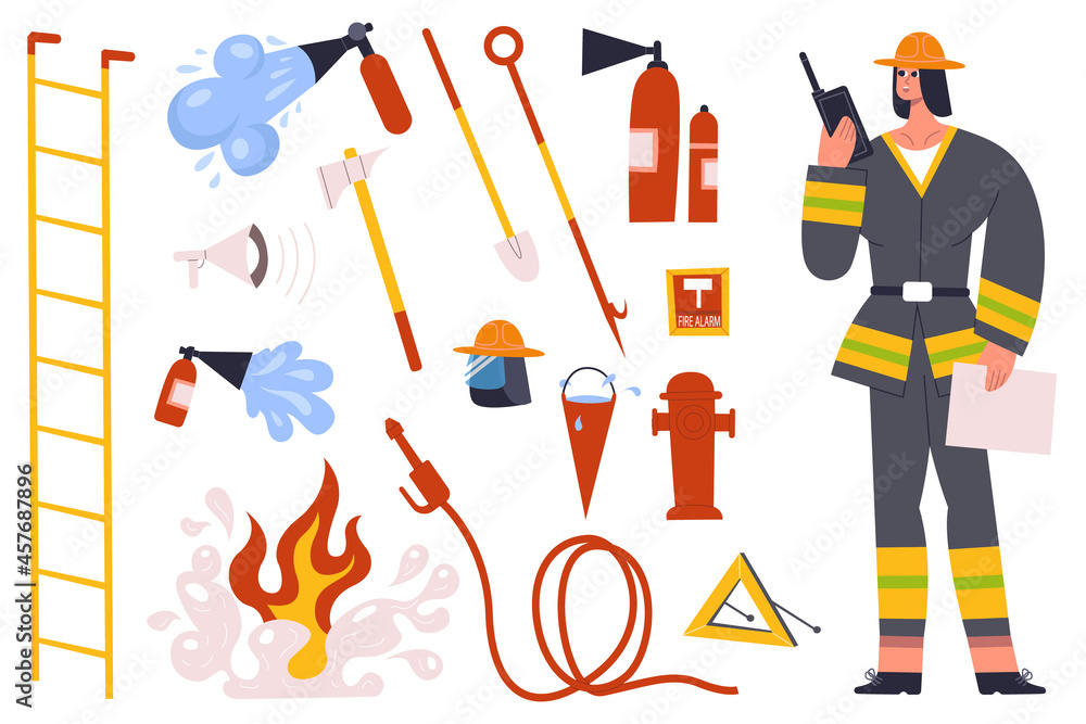 Firefighter, fireman character with fire fighting equipment tools ...