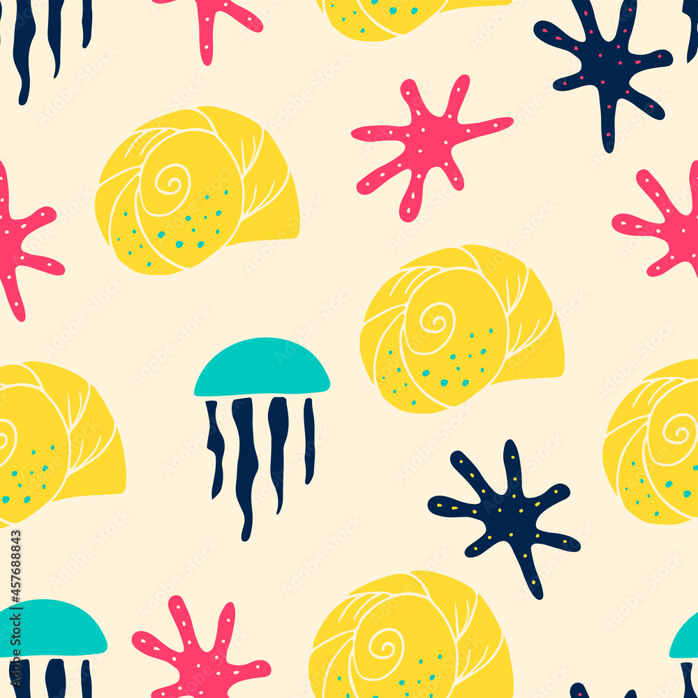 Cute seamless pattern with seashell, jellyfish, starfish. Yand drawn ...