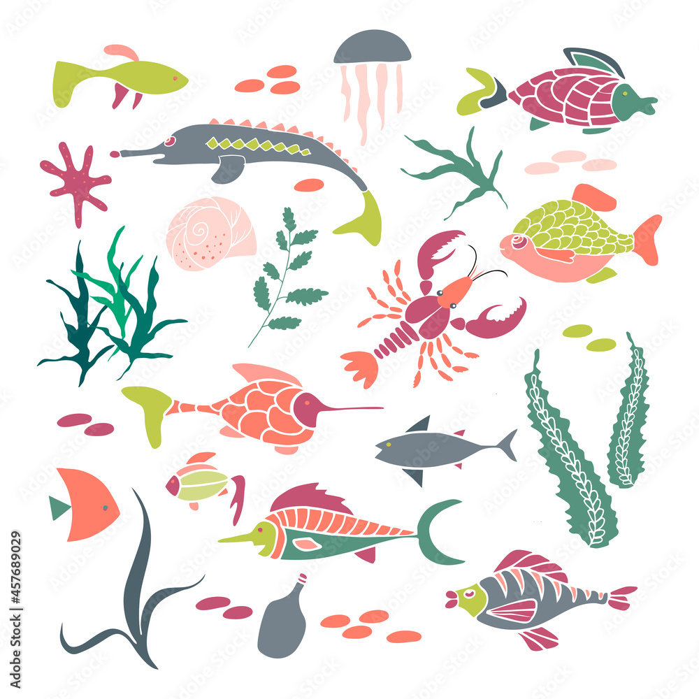 Set of various marine creatures and seaweeds. Hand drawing sea animals ...
