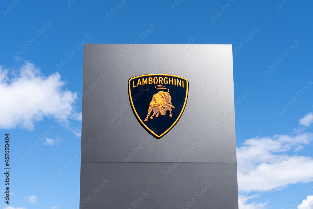 Montreal, QC, Canada - September 3, 2021: A lamborghini sign with blue ...