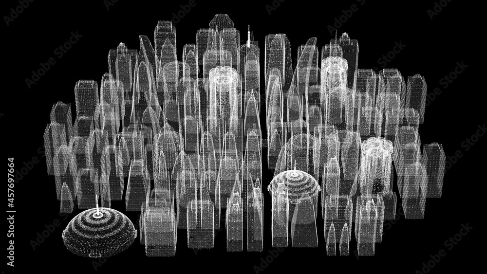 Futuristic 3d rendering of rotating holographic city digitally ...