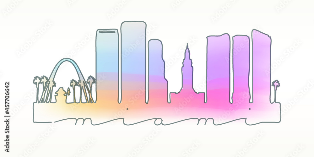 Miami, FL, USA Skyline Watercolor City Illustration. Famous Buildings ...