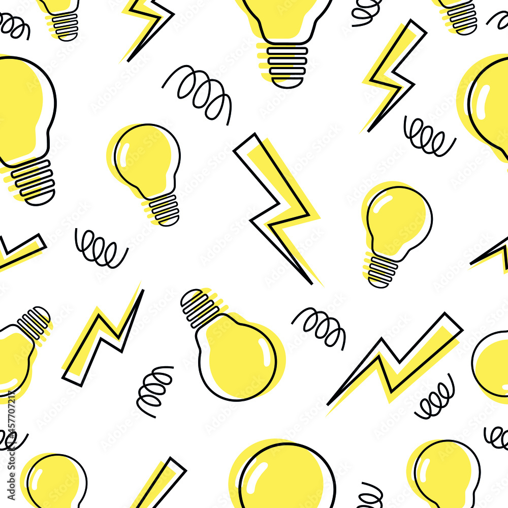 Electric concept vector seamless pattern. Flat style bulb icons and ...