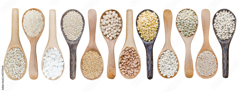 Collection of dry organic white and brown cereal and grain seed pile in ...