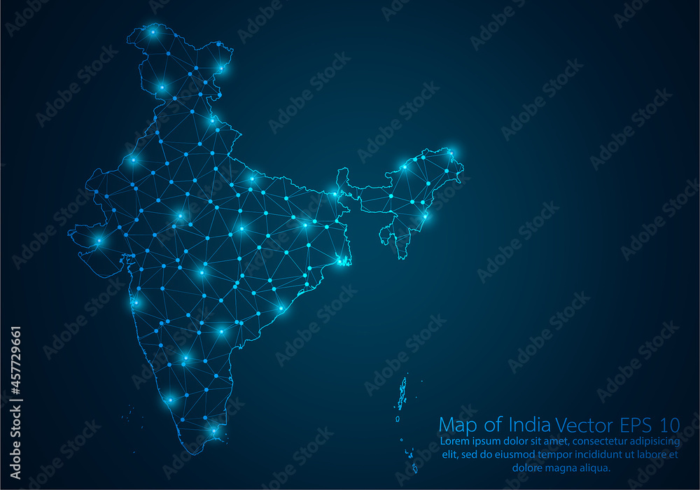 Abstract mash line and point scales on dark background with map of ...