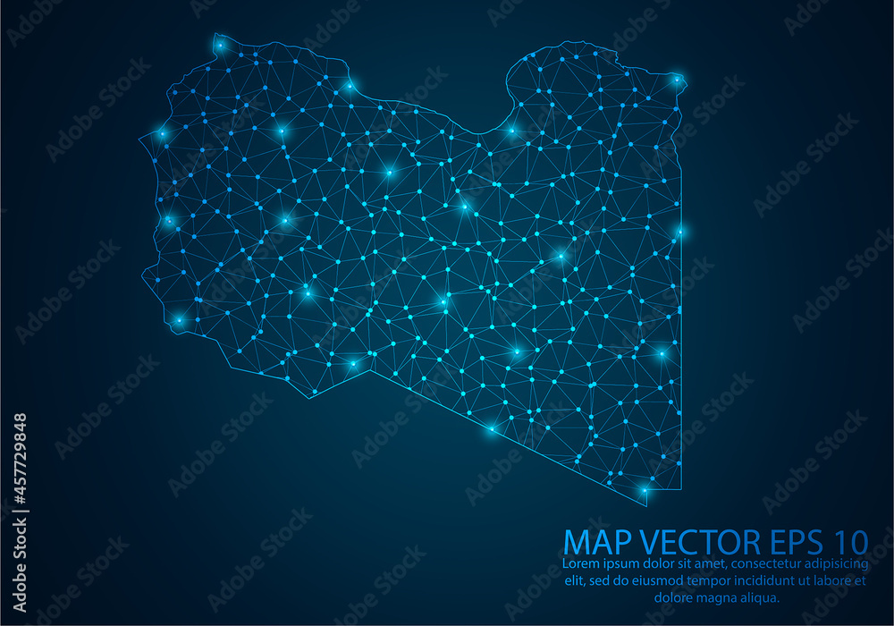 Abstract mash line and point scales on dark background with map of ...