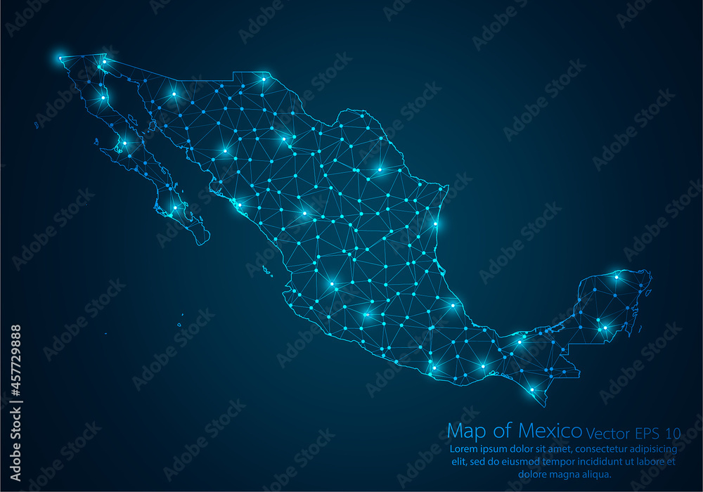 Abstract mash line and point scales on dark background with map of ...