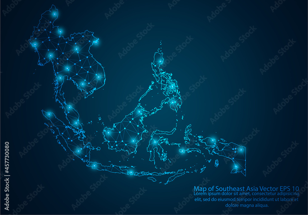 Abstract mash line and point scales on dark background with map of ...