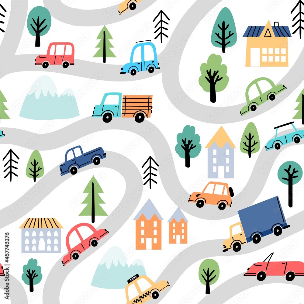 Cartoon roads and cars, city map kid seamless pattern. Wallpaper with ...