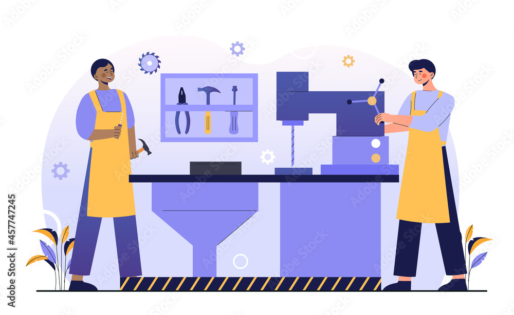 Work on milling machine. Men make holes in metal. Metalworker using ...