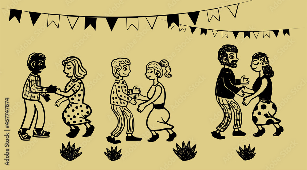 Vetor de People dancing forró. Illustration in woodcut style of Cordel ...