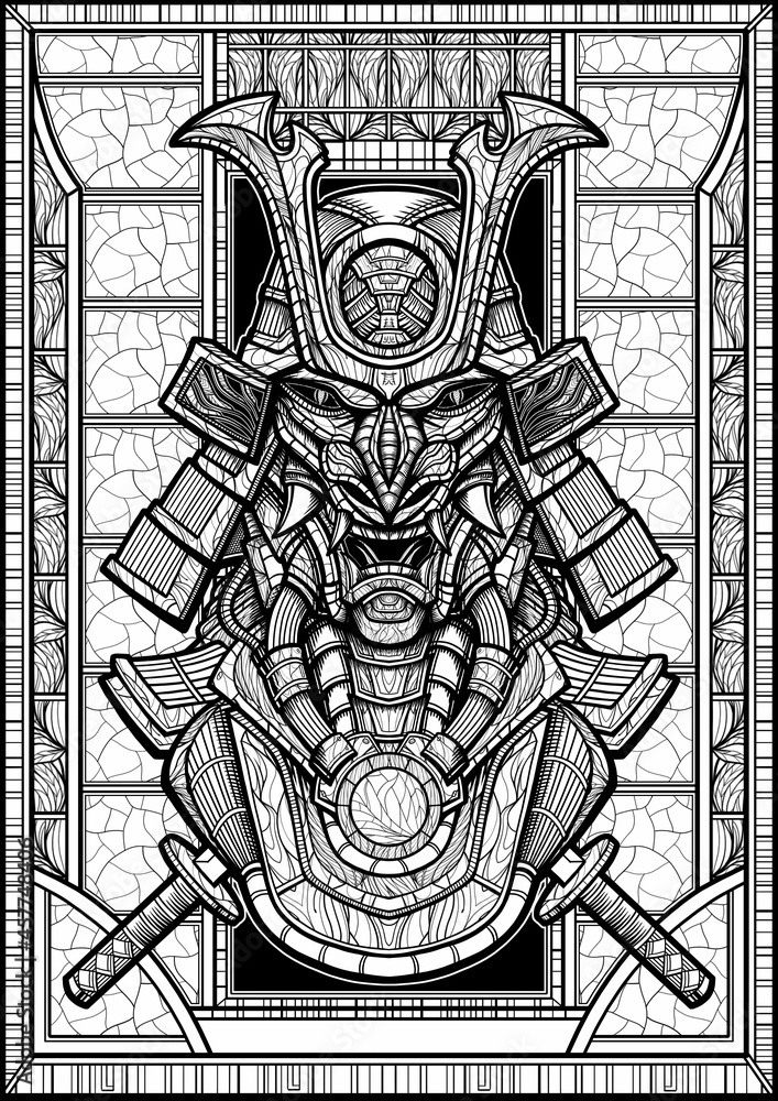 Mechanical face of a dark Japanese cyborg with fangs in a helmet, a ...