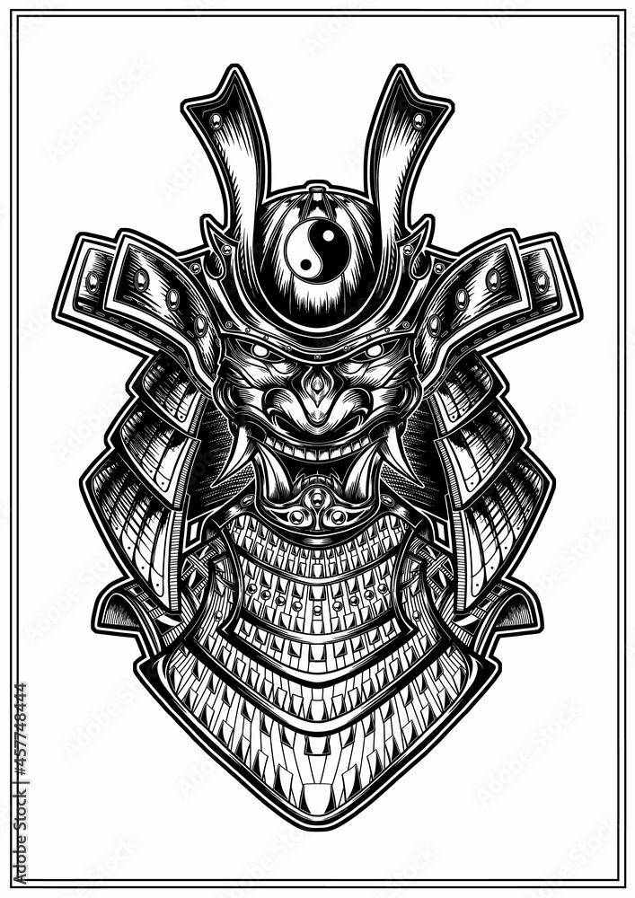 Terrible face of a Japanese military with horns and fangs in a helmet ...