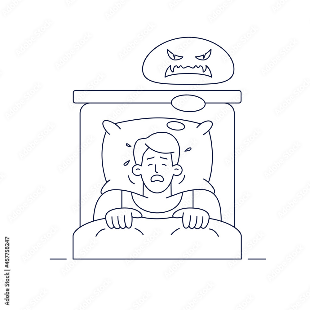 Nightmare vector illustration. Man character has a bad dream, is scared ...