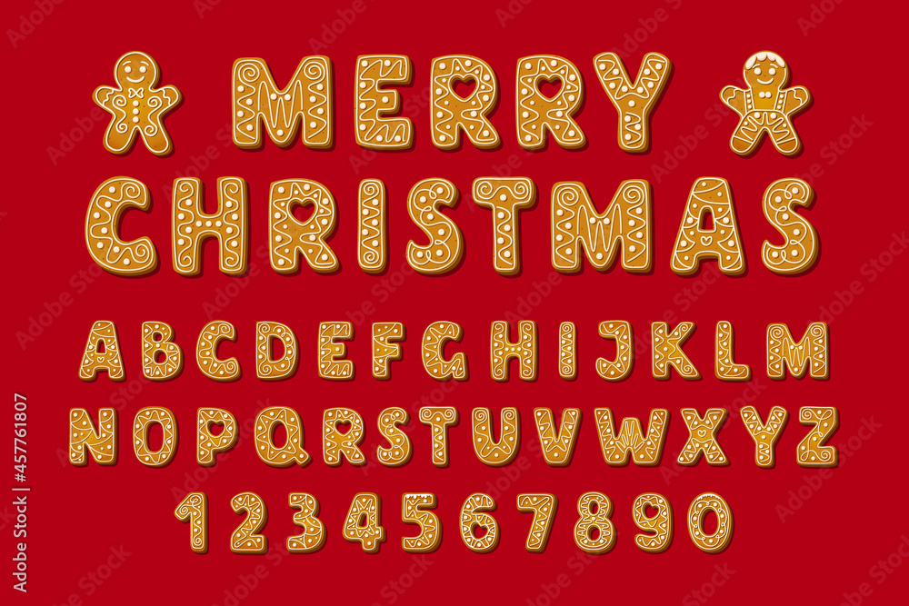 Christmas gingerbread alphabet font and numbers. Winter glased cookies ...