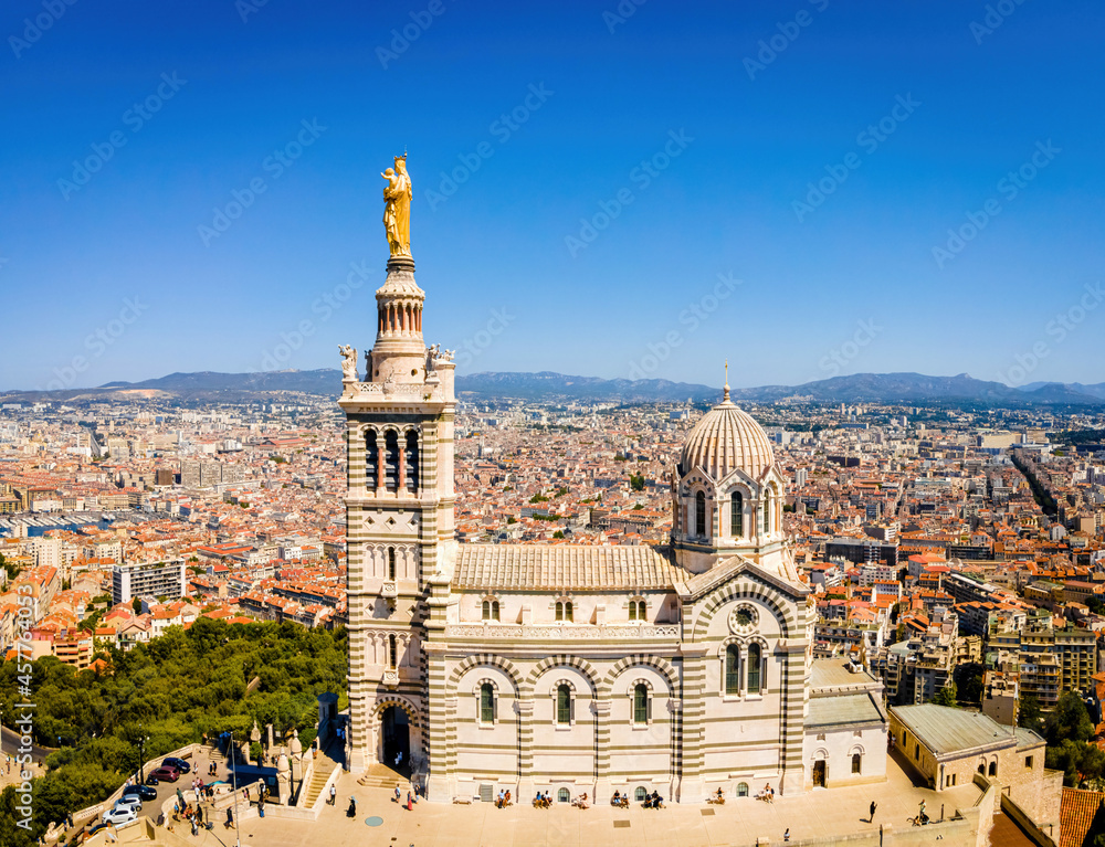 The aerial view of Basilique Notre-Dame-de-la-Garde in Marseille, a ...
