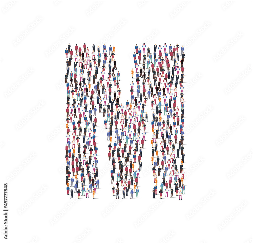 Crowd of flat illustration people forming the consonant letter M symbol ...